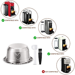 Grasseed Refillable Vertuo Capsule, Reusable Stainless Steel Vertuo Pod Kit with 100 Foil Lids, Spoon, Brush, Brew 7.8oz- Compatible with Vertuoline Machine