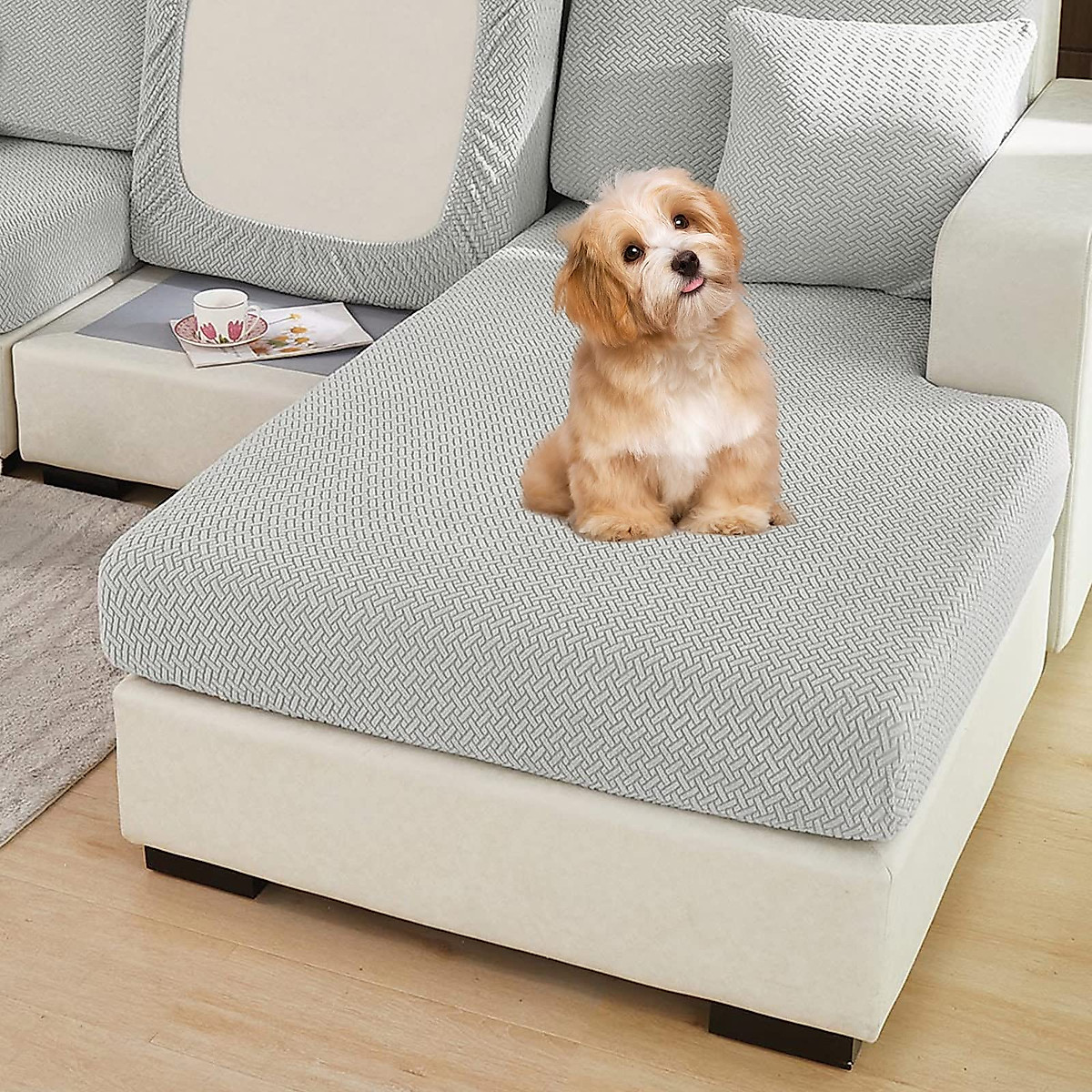 2024 New Wear-Resistant Universal Sofa Cover, Stretch Couch Cushion Slipcovers Replacement, Anti-Slip L Shape Sofa and Chaise Lounge Sofa Slipcover (Weave Light Grey,Chaise Cover)