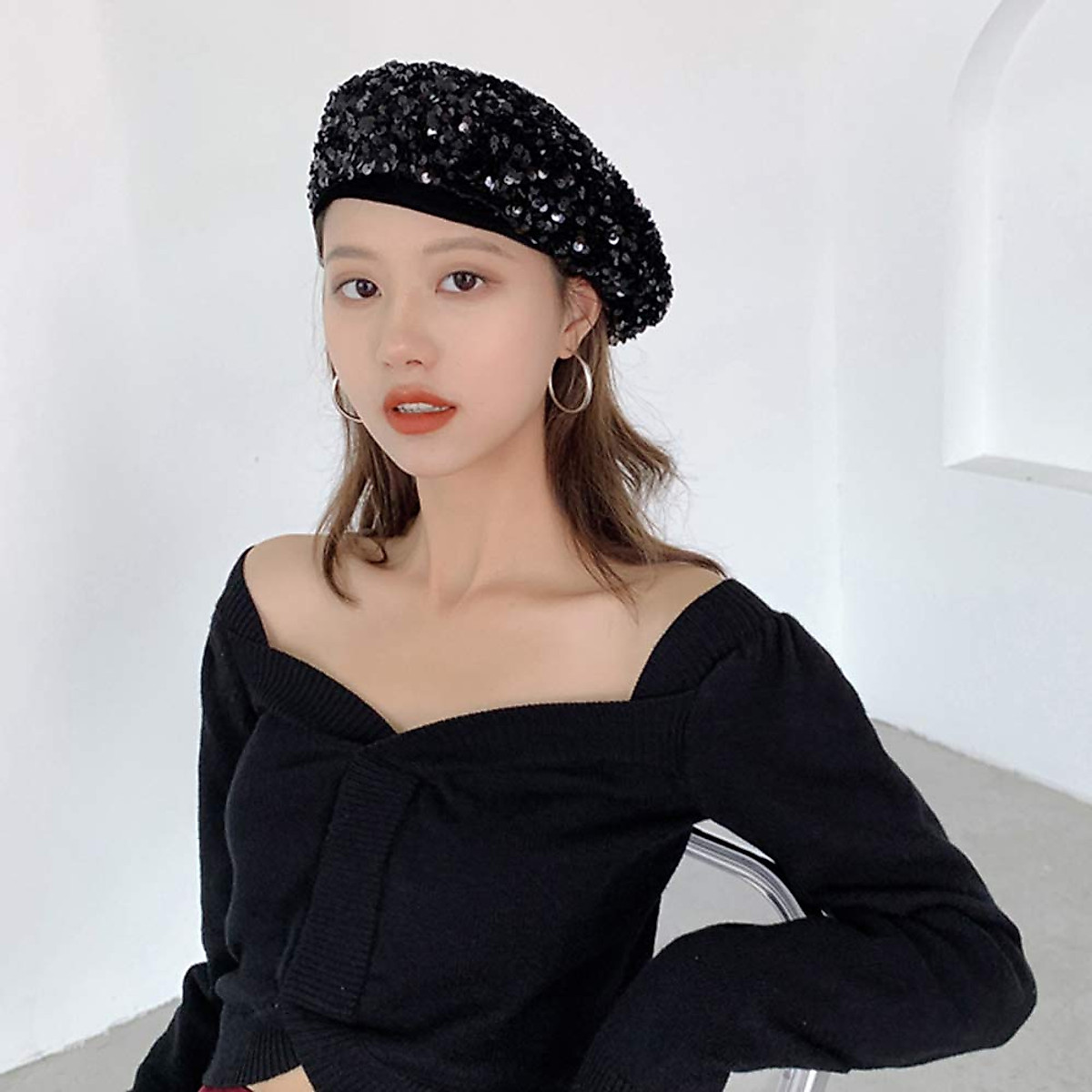 Bling Beret Hats for Women Color Paris Artist Cap Fashionable Ladies Sparkle Shining French Style Beanie Beret (Black)