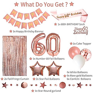 60th Birthday Decorations for Women, Happy Birthday Banner Cake Topper Rose Gold Curtain Happy 60th Birthday Sash 60 Balloon Number for 60th Anniversary Decorations Birthday Party Backdrop