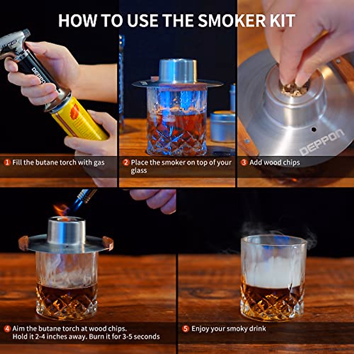 Cocktail Smoker Kit with Torch, Deppon Stainless Steel Smoker Top with 4 Kind of Wood Chips for Whisky and Bourbon, Old Fashioned Drink Smoker Kit for Home Bar Gift for Men, Dad, Husband (No Butane) (Silver)