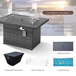 High-Craft 43'' Rectangular Patio Propane Fire Pit Table Gray PE Wicker 55,000 BTU H-Burner Dural Heating Outdoor Firepits 8mm Glass Top & Aluminum Frame Anti-Rust with Cover & Windguard