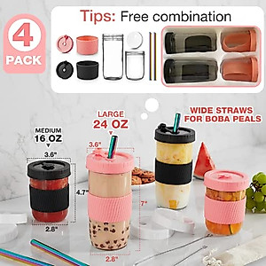 Mfacoy (4 Pack x 2 Size Boba Cup, 24oz & 16oz Bubble Tea Cup, Smoothie Cups with Lids and Stainless Straws, Reusable Boba Cup, Wide Mouth Mason Jar Drinking Glasses with Silicone Sleeve for Travel