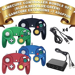 4 Controllers for Gamecube with 4 Extension Cables and 4-Port USB Adapter for Switch PC Wii U Console (Black+Blue+Red+Green)