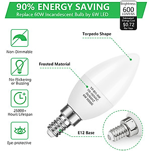 MAXvolador 12-Pack E12 Candelabra LED Bulbs 60W Equivalent, 6W 600 LM Chandelier Light Bulb 5000K, B11 Candle lamp with Candelabra Base, Non-Dimmable