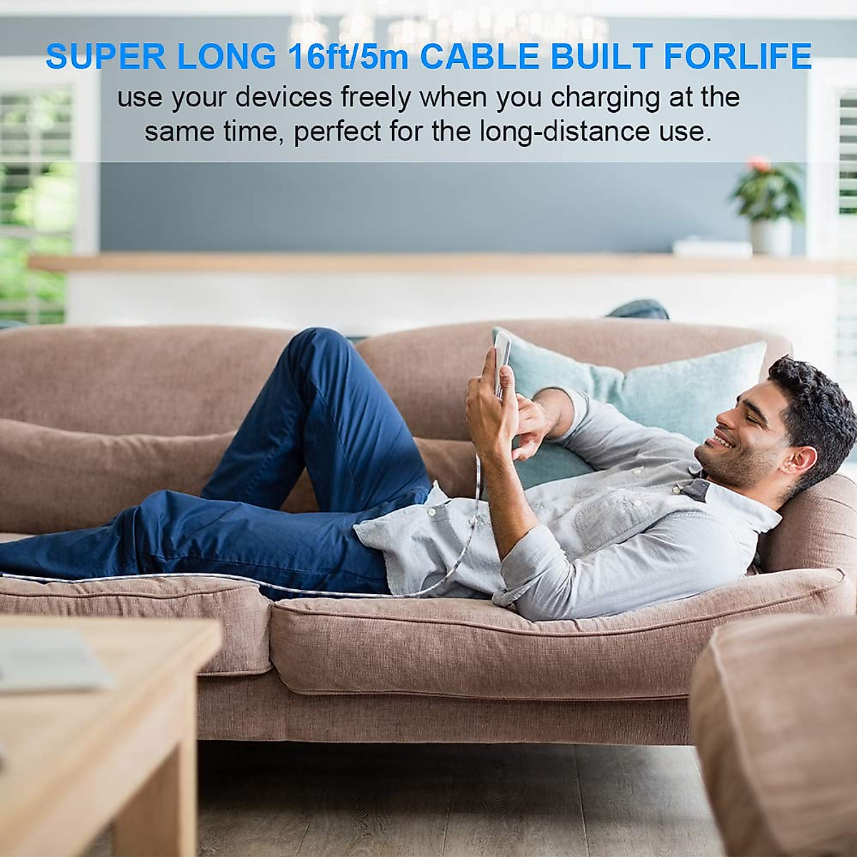 [MFi Certified] iPhone Charger 16FT/5M Lightning Cable Extra Long iPhone Charging Cord Nylon Braided Fast Apple Charger Cable iPhone 12 11 Pro X XS Max XR/8 Plus/7 Plus/6/6s Plus/5s /5c/Pad Mini Air