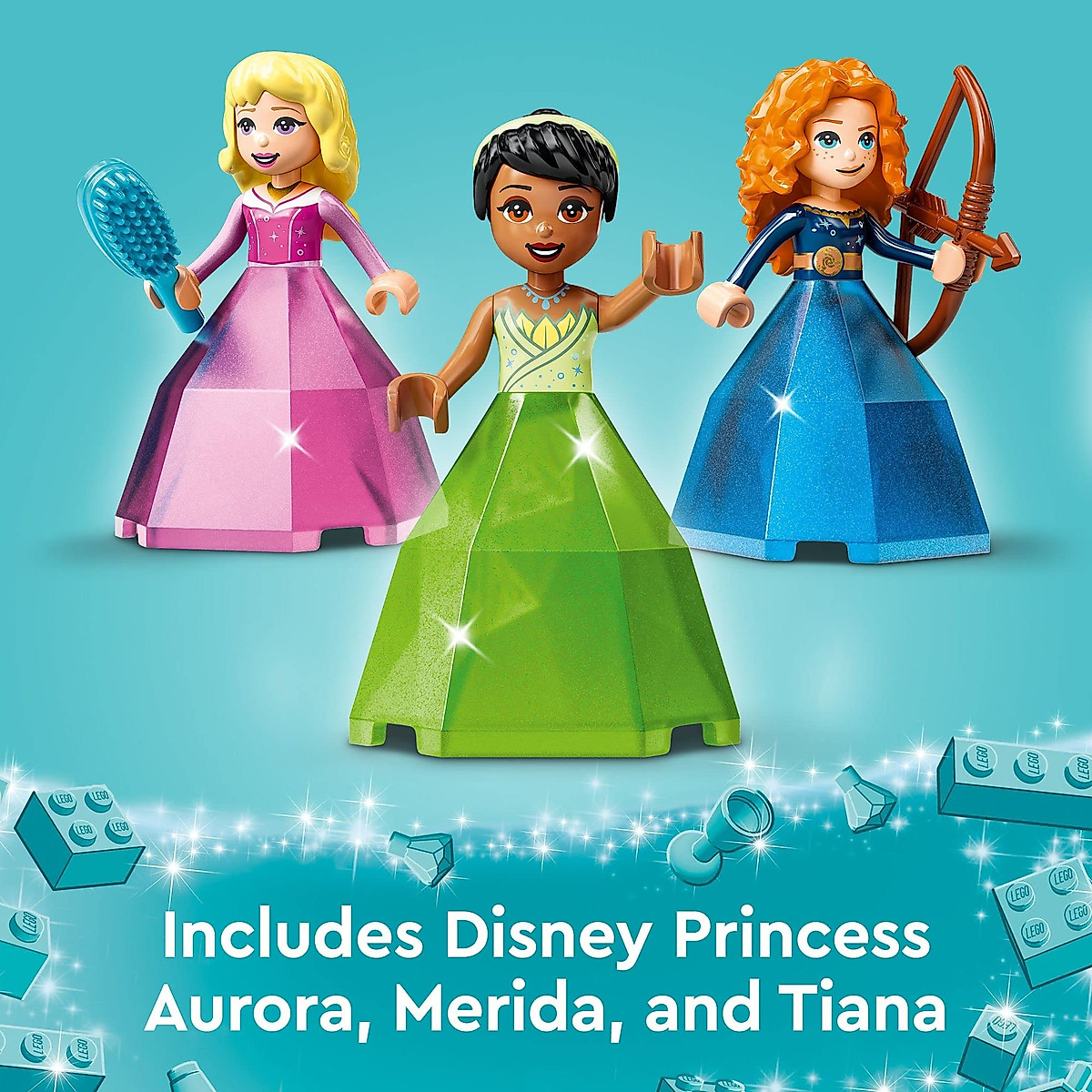 LEGO Disney Princess Aurora, Merida & Tiana’s Enchanted Creations 43203 Diamond Dress Set with 2 Buildable Jewelry Boxes, Pencil Holder, DOTS Bracelet and Mini-Dolls