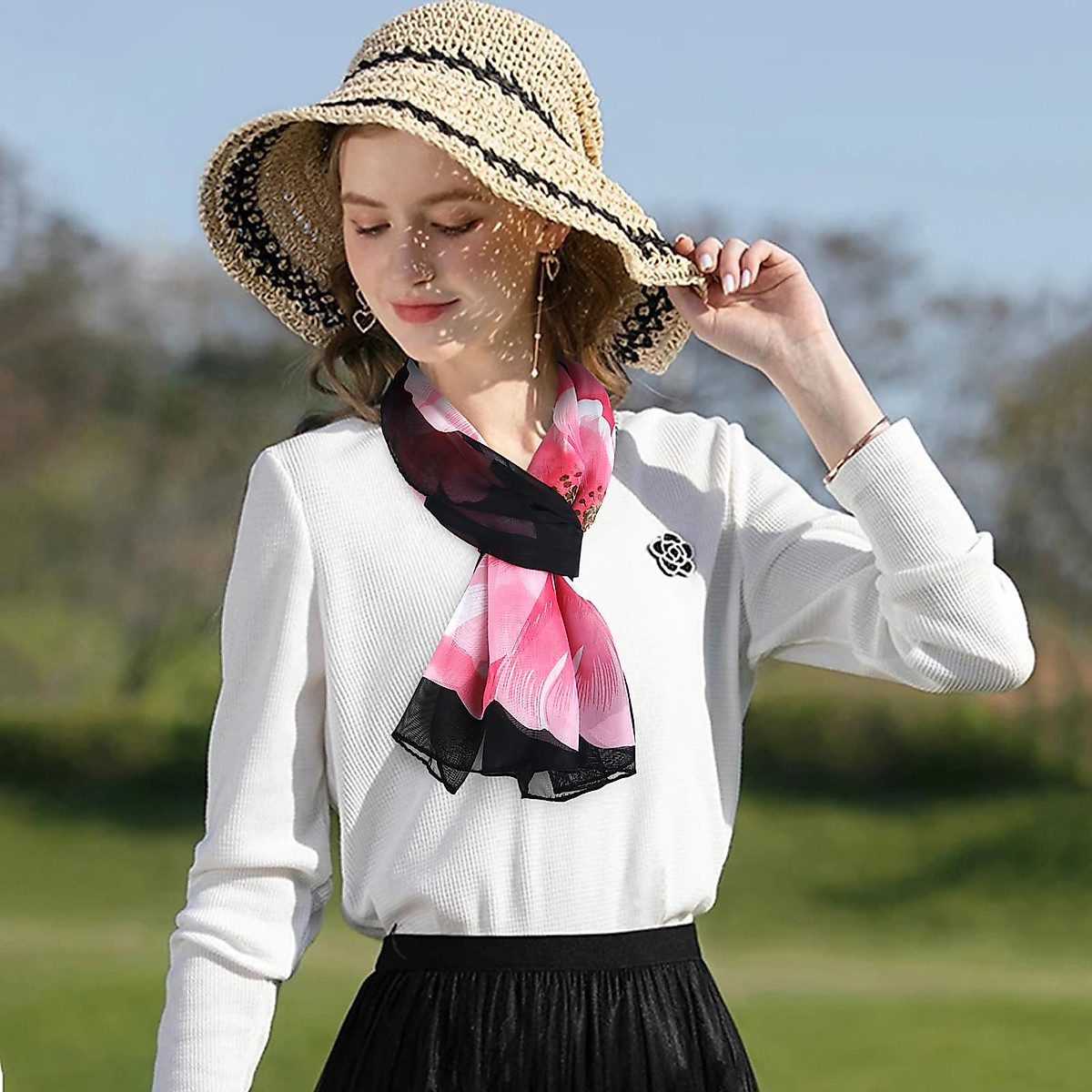 E-Clover Women Soft Floral Print Shawl Chiffon Sheer Scarf Mothers Day Gift (A-Black&Pink)