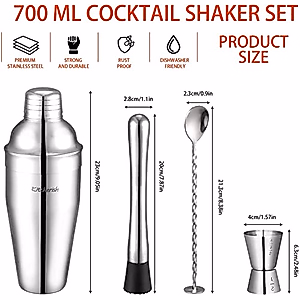 Cocktail Shaker Set Bartender Kit for Alcoholic Drinks -4 Piece Classic Stainless Steel Drink Mixer Set Essential Cocktail Bar Tool Set, Home/Bar Cart Accessories with 24 oz Shaker Cup (Sliver)