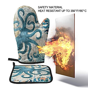 Abucaky Blue Octopus Nautical Map Oven Mitts and Pot Holders Insulated Gloves & Kitchen Counter Safe Mats for Cooking BBQ Baking Grilling (2-Piece Set)