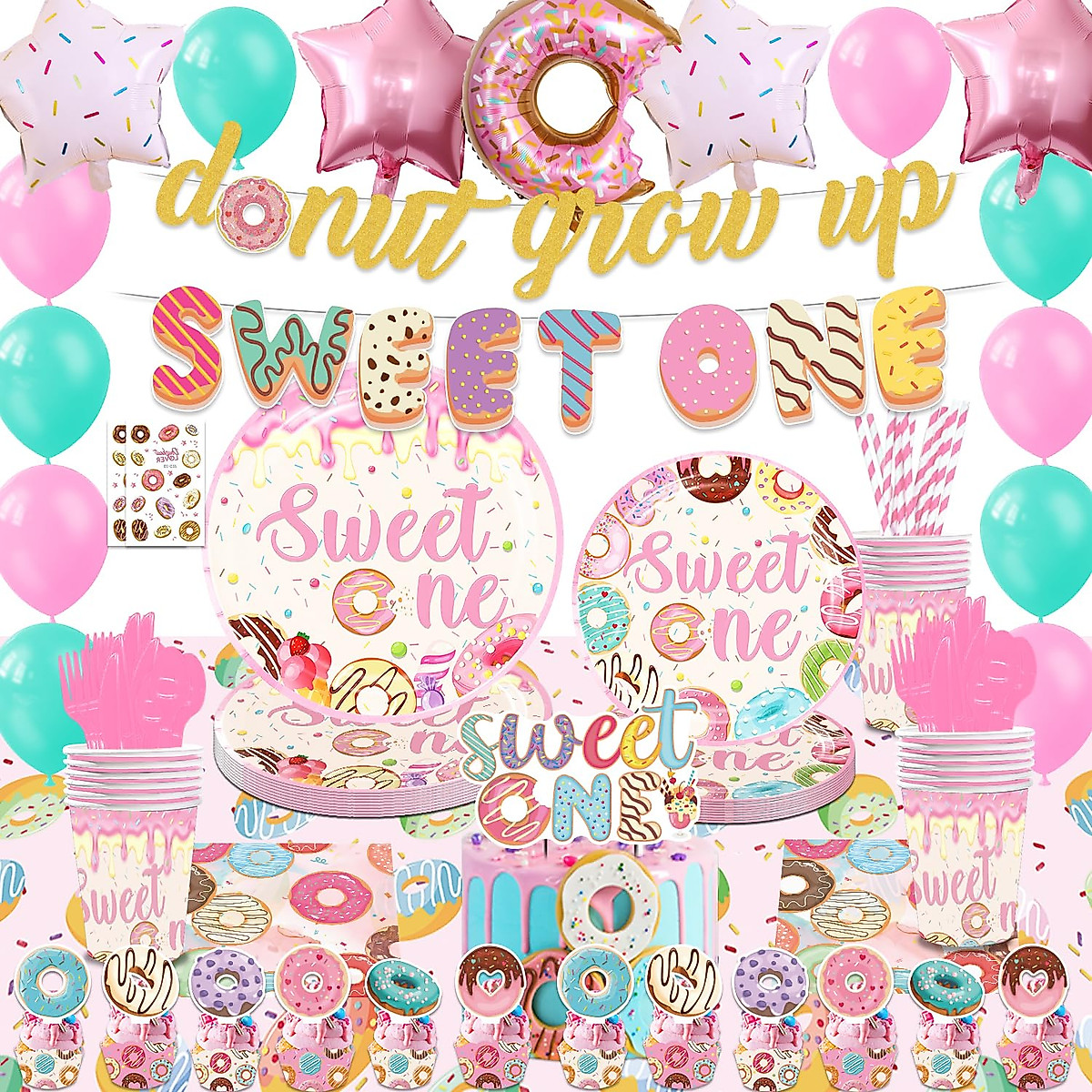 Sweet One Birthday Party Supplies for 2 Year Old Girl, 150 Pcs Donut Party Decorations for Girls Baby - Backdrop, Banner, Cake, Cupcake Toppers, Cupcakes Wrappers, Tablecloth