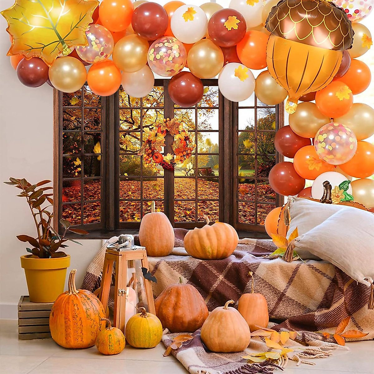 Mocsicka Fall Window Backdrop 7x5ft Autumn Maple Forest Fall Backdrops for Photography Fall Natural Scenery Background for Thanksgiving Day Party Decorations