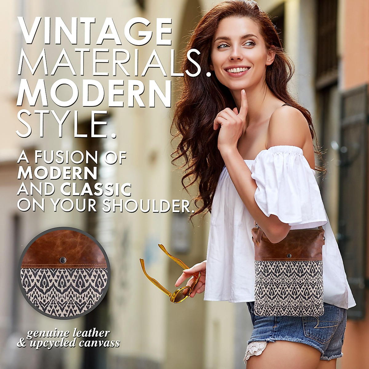 SIXTEASE Crossbody Bag for Women Vintage Style Genuine Leather, Upcycled Canvas, Rug, or Hair On - Cross Body Womens Bags with Inside Zipper Pockets - Supine