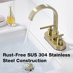 TRUSTMI Bathroom Faucet Gold 2 Handle Lavatory Basin Sink Faucet Swivel Waterfall 4 Inch Centerset Vanity Faucet with Overflow Pop Up Drain Assembly, Brushed Gold