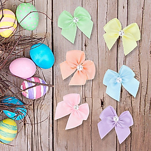 Meseey 60pcs Mini Pastel Rainbow Satin Ribbon Bows with Pearl 1 Inch Colored Craft Bows Flowers Appliques DIY Craft for Sewing, Scrapbooking, Wedding, Gift,Christmas Decoration (Pastel)