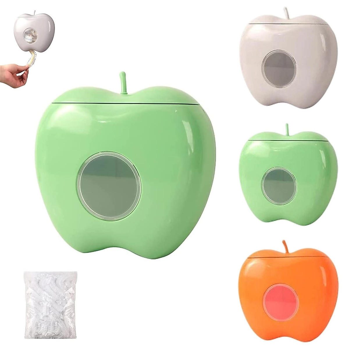 2023 Plastic Wrap Storage Box with 100 Cling Bags, Fresh Keeping Bag Storage Box, Wall-mounted Non-perforated Dust Box, Apple Shaped Removable Cling Film Shower Cap Kitchen Bathroom Dispenser (Green)