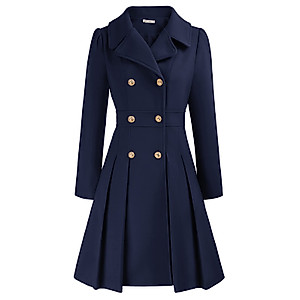 GRACE KARIN Women Swing Double Breasted Pea Coat Autumn Lapel Dress Outwear Dark Blue S