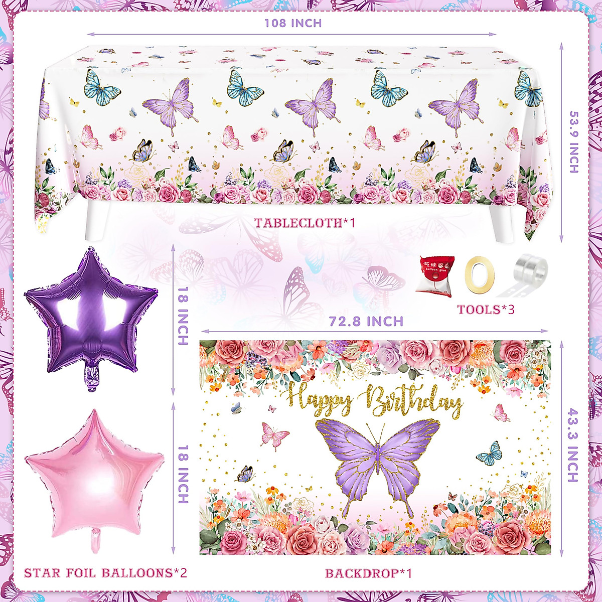 Butterfly Birthday Decorations Party Supplies for Girls Women with Pink Purple Balloon Arch Kit Backdrop Tablecloth Butterfly Wall Decor Foil Balloons Cake Toppers