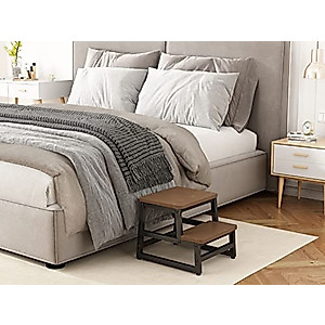 Step Stools for Adults Kids, Heavy Duty Wooden Step Stool for High Bed Kitchen Bathroom - Holds Up to 500 Lb by RORKEE, Wide, Metal, Industrial Design(Dark Walnut)