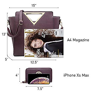 Women Handbag Cut Out Triangle Top Handle Bag Large Fashion Tote Satchel Work Purse (7464 Dark Purple + Matching Wallet)