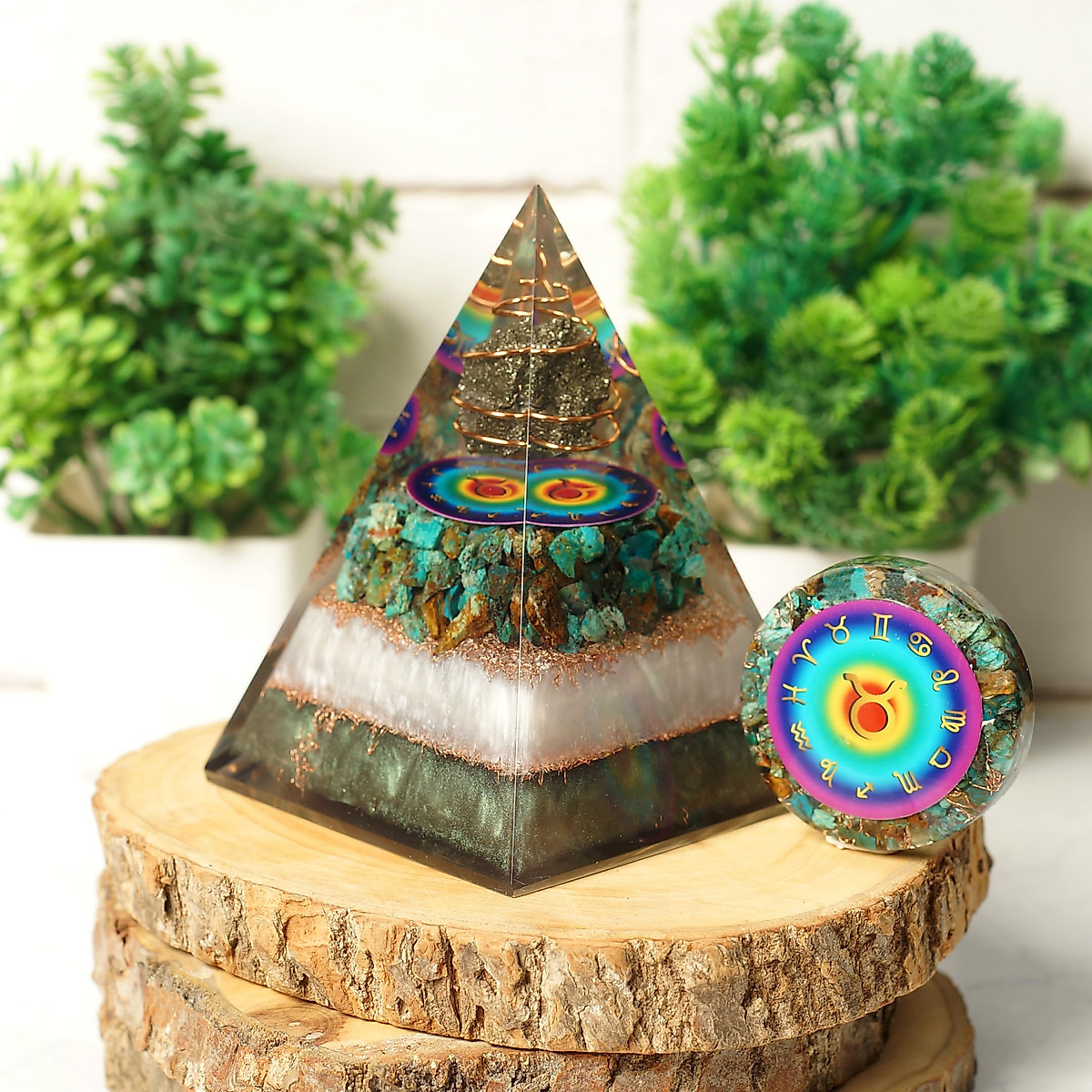 Horoscope Orgone Pyramid & Palm Stone Set, Healing Crystal Taurus Zodiac Sign Gift Set Made of Pyrite & Crysocolla for Self-Expression and Truth