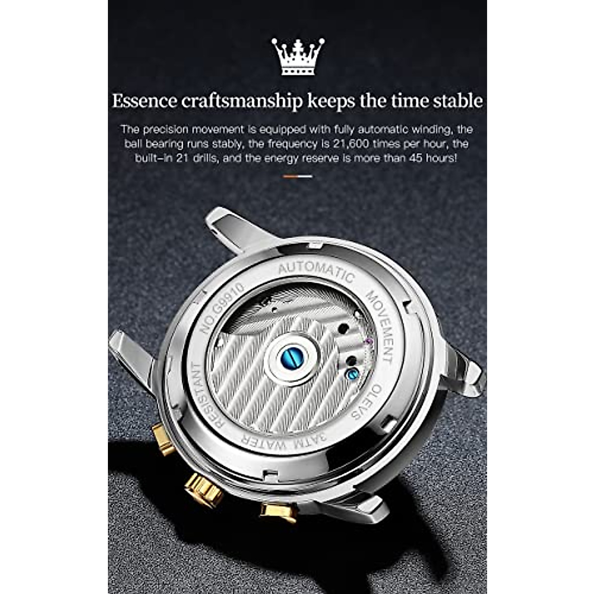 OLEVS Men Automatic Watch Skeleton 5 Hands Mechanical Blue Classic Luxury Multi Calendar Stainless Steel Waterproof Wrist for