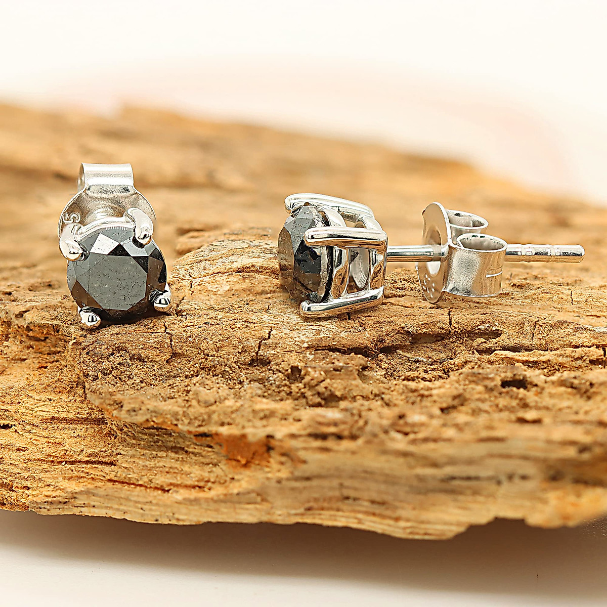 Shineadime Round Shape Black Diamond Solitaire Stud Earrings with Push Backs in 14K White Gold Over 925 Sterling Silver for Womens (1 Cttw)