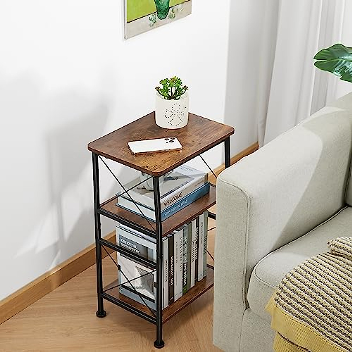 ruboka 3-Tier Small End Table, Small Side Table with Storage Shelf, Small Bookshelf with Metal Frame for Small Spaces, Nightstand, Bookcase, Display Rack for Bedroom, Living Room.