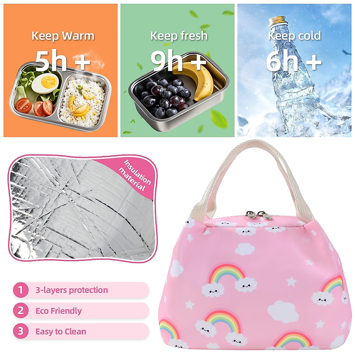 Unineovo Backpack for Girls, 16' Rainbow School Backpack for Kids - Lightweight Water Resistant Bookbag - Pink Nylon School Bag Set Gifts for Kid