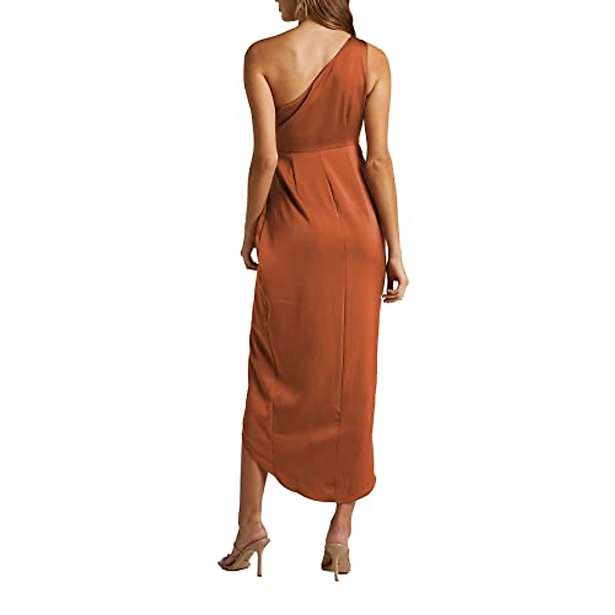 LYANER Women's One Shoulder Ruched Sleeveless Split Slit Wrap Hem Zipper Midi Dress Rust Brown Medium