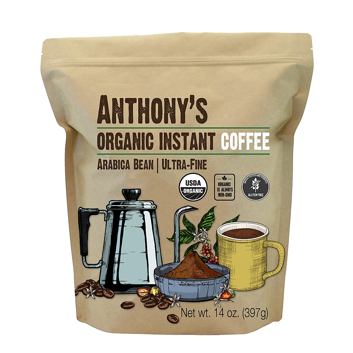 Anthony's Organic Instant Coffee,14oz, Ultra Fine Microground, Gluten Free, Arabica, Non GMO