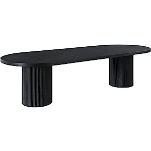 Meridian Furniture 725Black-T Belinda Collection Mid-Century Modern Solid Wood Black Oak Veneer Dining Table, Oval Design, Fluted Bases, 2 Leaves Included, 90"/106.5"/123" W x 47.5" D x 31" H, Black