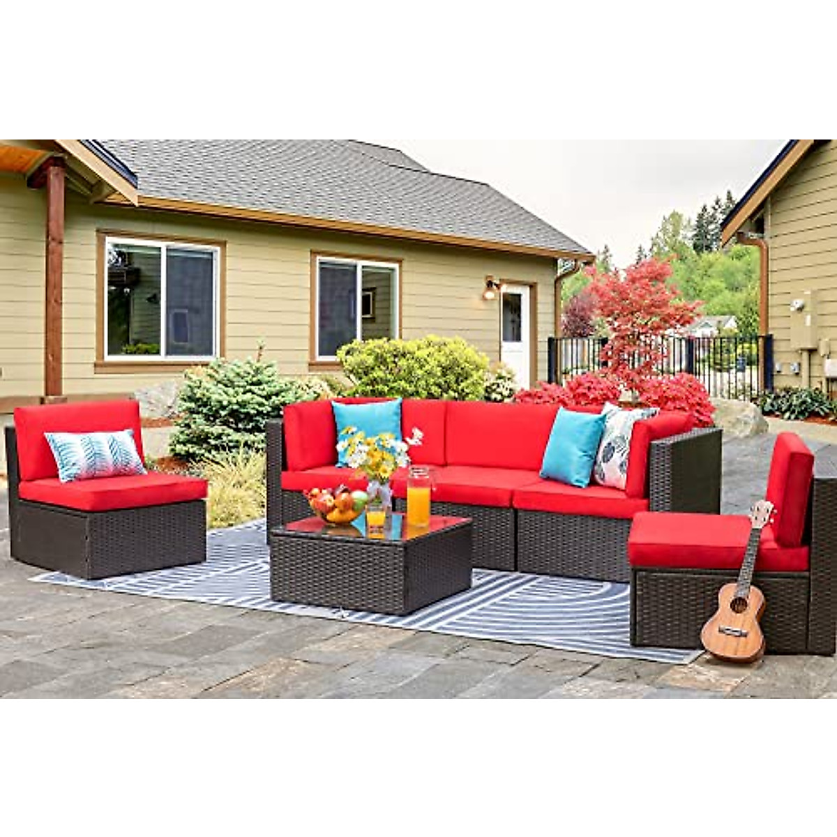 Vongrasig 6 Piece Small Patio Furniture Sets, Outdoor Sectional Sofa All Weather PE Wicker Patio Sofa Couch Garden Backyard Conversation Set with Glass Table,Red Cushions and Blue Pillows (Red)