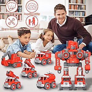 Doahurry Fire Truck Toy Take Apart Robot Transformers Toys 5 in 1 Construction Vehicle Comes with a Electric Drill, Assembly Robot Building Toy Crane Toy Kids Ages 4-12 Birthday (Red)