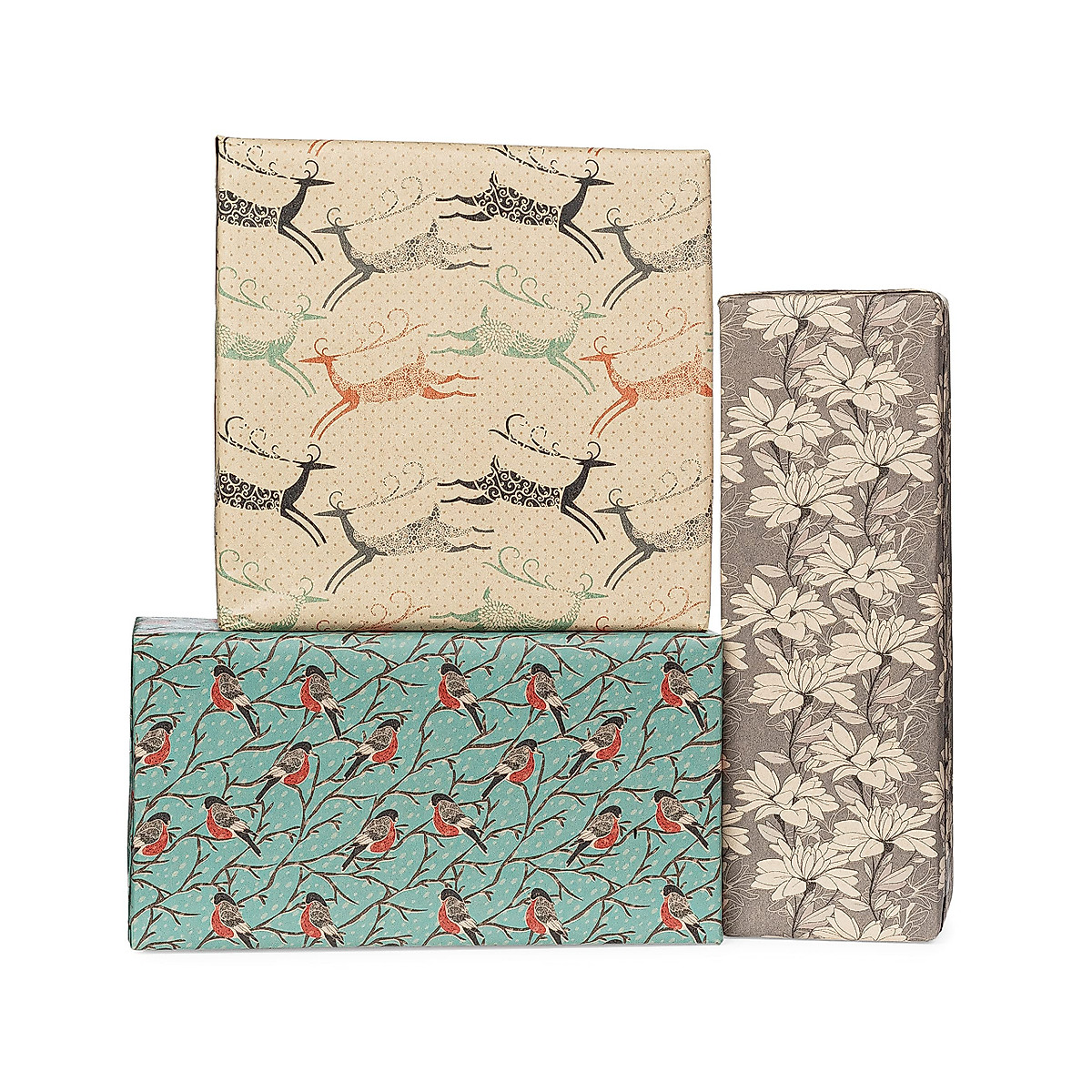 K-Kraft Elegant Christmas Wrapping Paper (Snow Birds-Deer-Ice Flowers/Printed Brown Kraft) 30" x15 Feet, 112.5 Square Feet Total with Tape and Tags