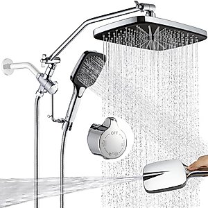 CyberWater 12 Inch Shower Head with Handheld Spray Chrome Built-in Power Wash Mode 3-way Diverter with Pause Setting, Adjustable Extension Shower Arm, 71 Inches Stainless Steel Hose