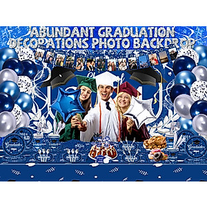 Graduation Decorations Class Of 2024, 231PCS Party Decorations, Graduation Decorations with Backdrop balloons Paper Plate Cup Napkin Cutlery Tablecloth Balloon Garland (Blue and Silver)