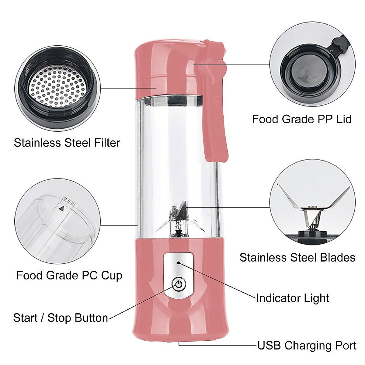 Portable Blender, Toycol Personal Size Blender for Shakes and Smoothies with 6 Ultra Sharp Blades,13.5Oz Mini Blender USB Rechargeable for Travel/Picnic/Office/Gym/Father's Day gift