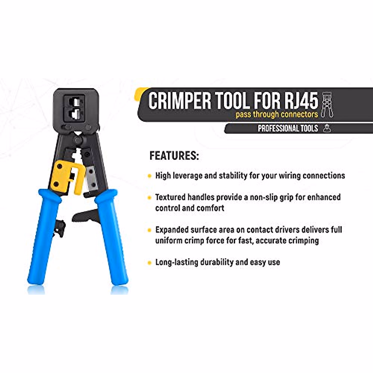 EMS RJ45 Crimp Tool Kit, With 50 Cat6 Pass Through Connectors and 50 Clear Cable Strain Relief Boots + Extra blades - EZ Cut, Strip, Crimp Ethernet Cables