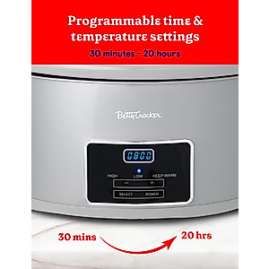 Betty Crocker 6-Quart Oval Digital Slow Cooker, Programmable Crock Pot Up to 20 Hours, Electric Cooking Pot with LCD Digital Display, Removable Stoneware Crock Liner, Betty Crocker Cookbook,Silver