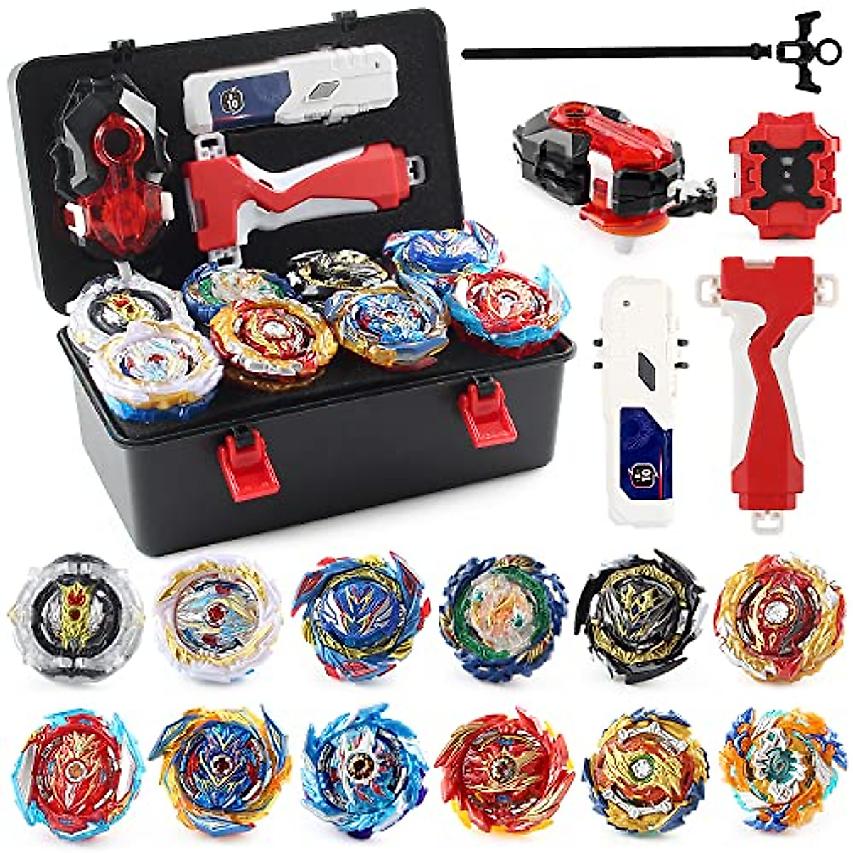 PWTAO Bey Battling Top Burst Launcher Grip Toy Blade Set Game Storage Box 12 Top Burst Gyros 2 Launchers Great Birthday Gift for Boys Children Kids