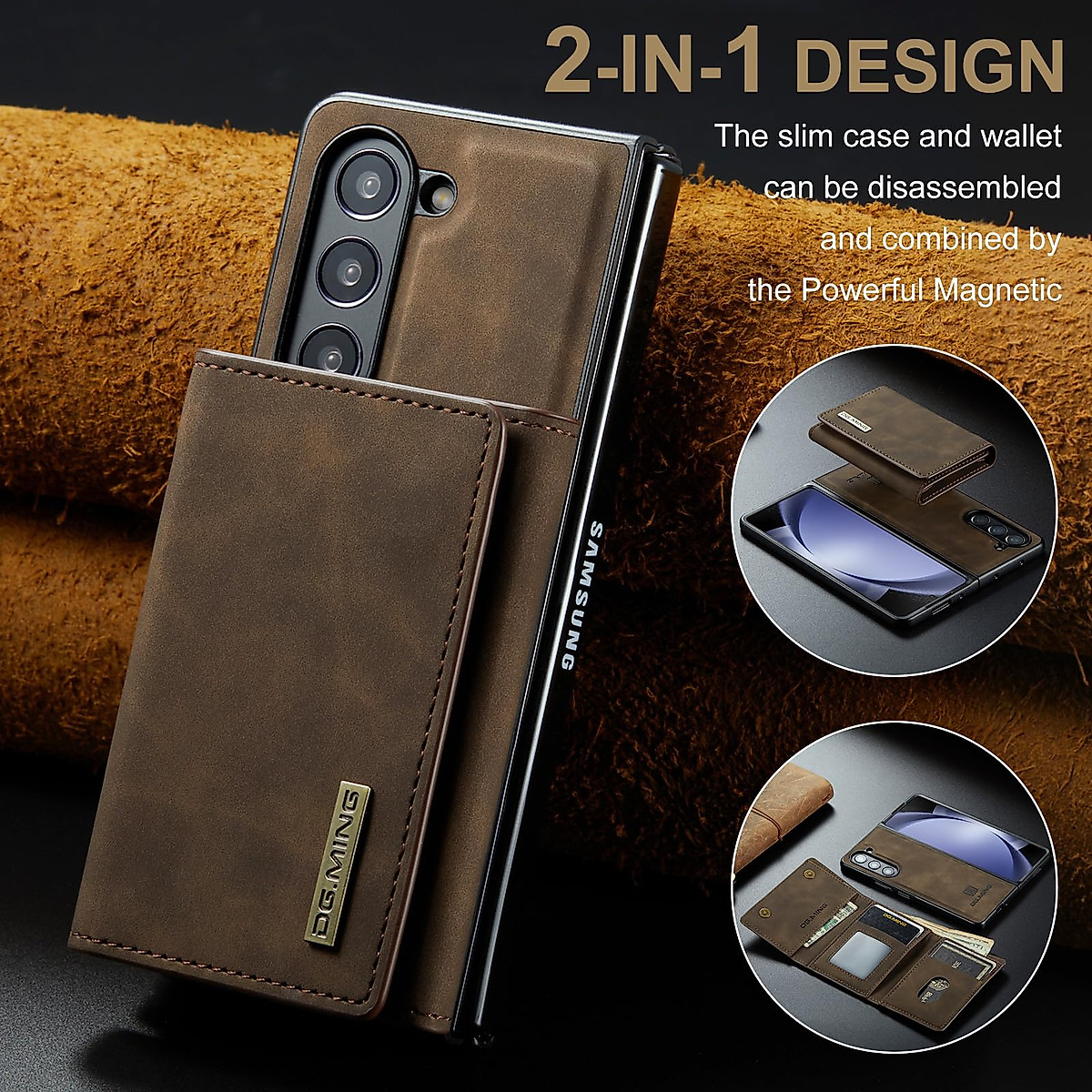 Oidealo 2 in 1 Wallet Case for Samsung Galaxy Z Fold 5, DG.MING Retro Leather Cell Phone Back Cover Magnetic Detachable with Trifold Wallet Credit Card Cash Holder (Coffee)