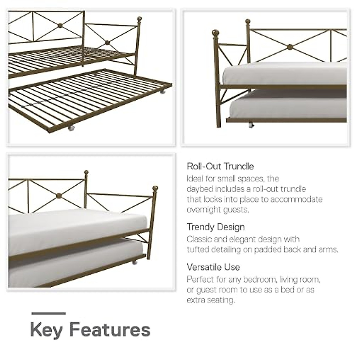 DHP Lina Metal Daybed with Trundle, Twin Size Sofa Bed Frame, Gold