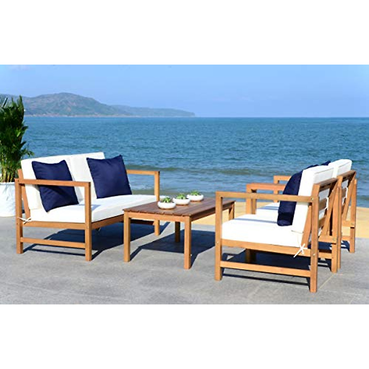 SAFAVIEH Outdoor Collection Montez Natural/ Beige Cushions/ Navy Pillows 4-Piece Conversation Patio Set