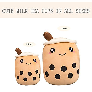 Cartoon Tea Plush Pillow,Plush Boba Figurine Toy,24/35 cm Cute Bubble Tea Cup Shaped Pillow with Suction Tubes (Pink, Large)