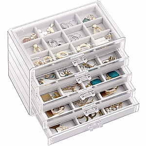 ProCase Earring Holder Organizer Jewelry Box with 5 Drawers, Acrylic Clear Earring Case with Adjustable Velvet Trays for Women - Grey, 5 Layers