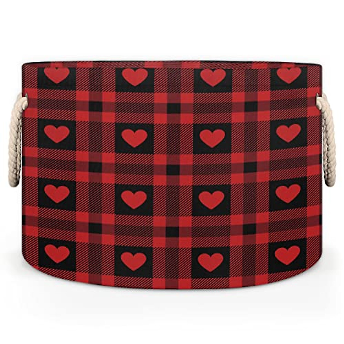 Red Love Heart Plaid Large Round Baskets for Storage Laundry Baskets with Handles Blanket Storage Basket for Bathroom Shelves Bins for Organizing Nursery Hamper Girl Boy