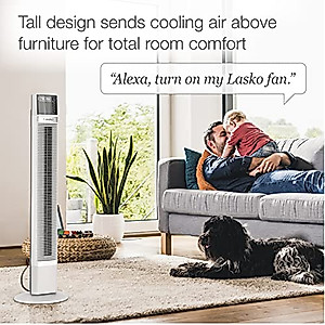 Lasko Works with Alexa Oscillating Tower Fan, Voice Controlled, 4 Quiet Speeds, Sleep Mode, Timer, Bedroom, Living Room, 48", White, T48401