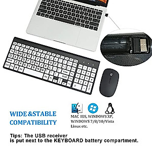 Full Size Large Print 2.4g Wireless Keyboard and Mouse with Oversized Print for Kids Visually Impaired Low Vision Individuals (Black)