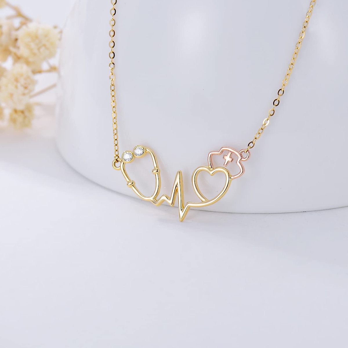 Rikelus 14K Gold Stethoscope Necklace for Women,Real Gold Nurse Doctor Pendant Necklace Jewelry Gifts for Medical Students RN Nurse 16+1+1 inch